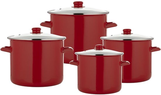 Emalia 8-delige Geëmailleerde Pannenset Rood Inclusief Deksel - 7 Liter ...
