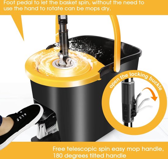Dweilmop set met emmer, 128 cm vloerwisser met uitwringfunctie ...