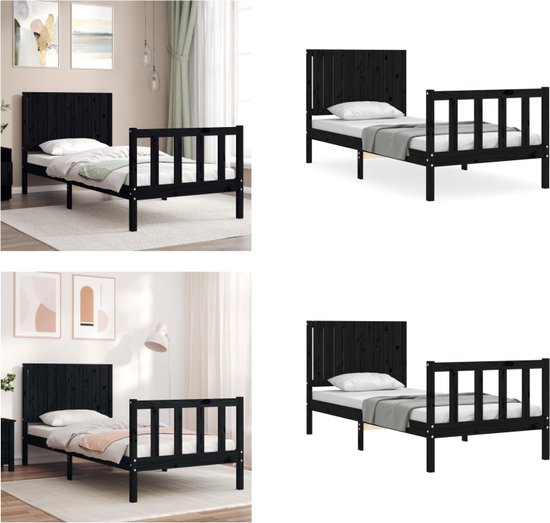 vidaXL Bedframe met hoofdbord massief hout zwart 90x200 cm - Bedframe ...