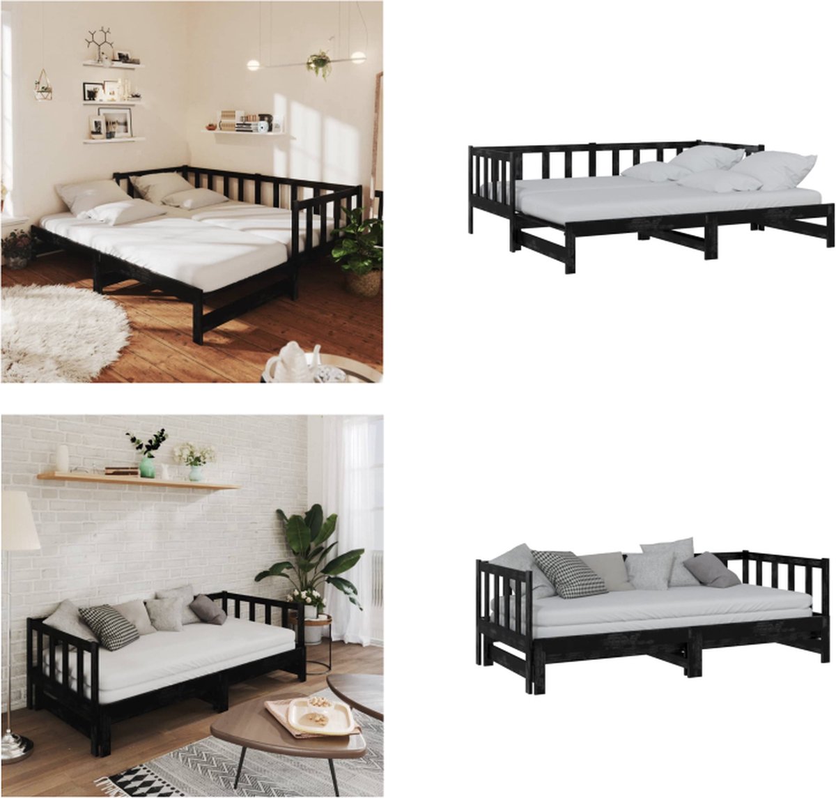 vidaXL Slaapbank uitschuifbaar massief grenenhout zwart 2x(90x200) cm ...