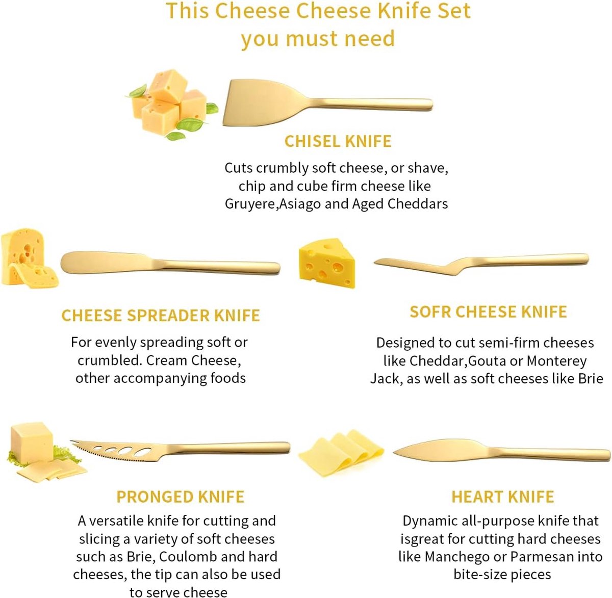 Couteaux à fromage, ensemble de 5 pièces, adaptés à tous les types de ...