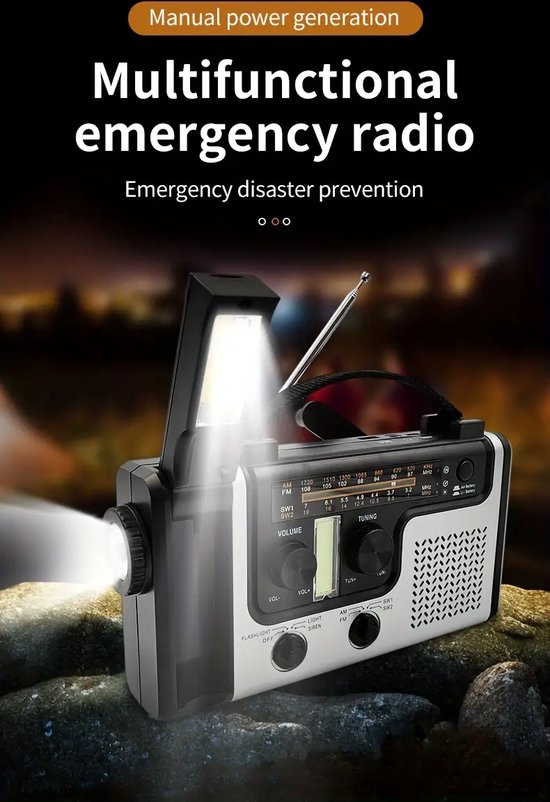 Noodradio Solar Opwindbaar, Zonnepaneel, Zaklamp, en Powerbank ...