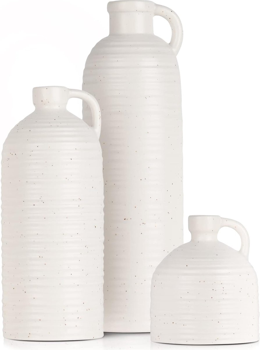 Ceramic Vase Set of 3, Modern Farmhouse Decor White Small Ceramic Jug ...