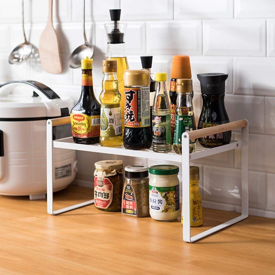 Keuken organizer - Plankinzet met houten handvat - Wit - 35 x 21 x 20 ...