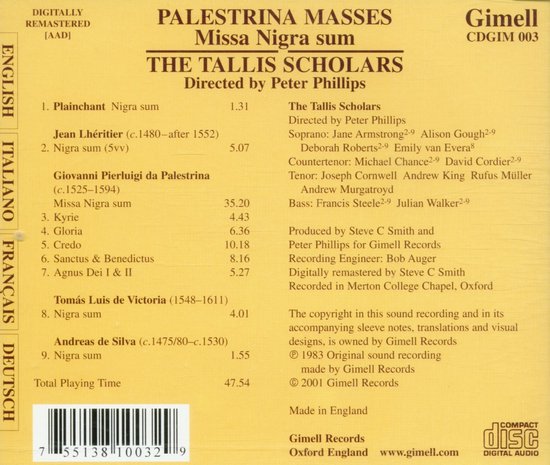 Palestrina Masses (CD), Peter Phillips & The Tallis Scholars | Muziek | bol