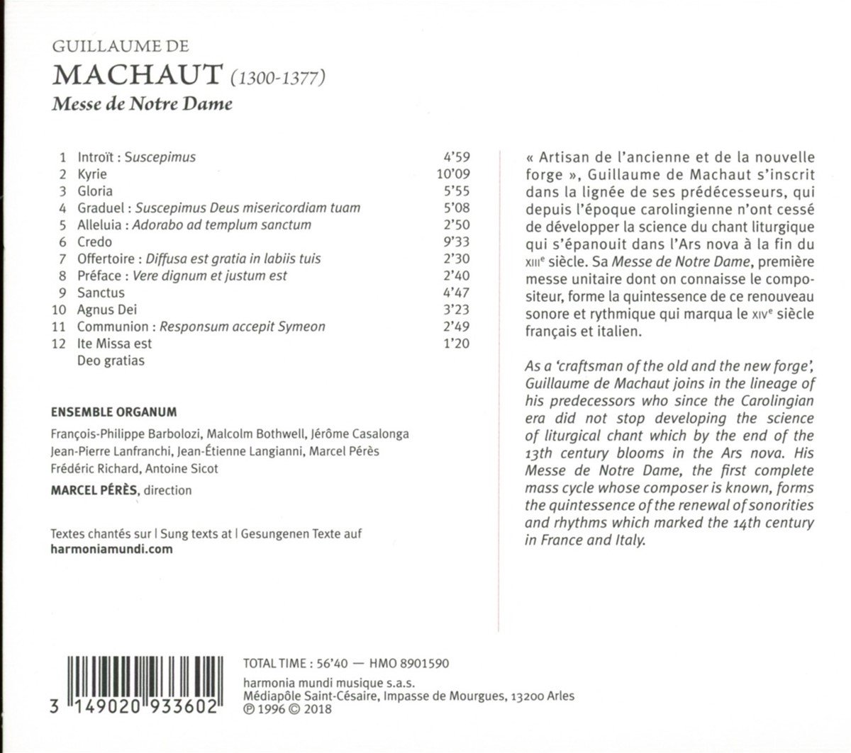 Ensemble Organum Marcel Peres - Messe De Notre-Dame (CD), Ensemble ...