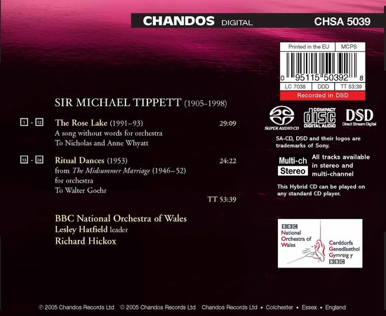 BBC National Orchestra Of Wales, Richard Hickox - Tippett: The Rose Lake (Super Audio... | bol