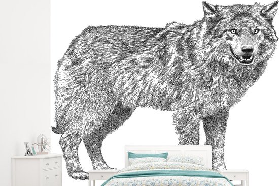 Behang - Fotobehang Wolf - Wit - Schets - Breedte 245 cm x hoogte 220 ...