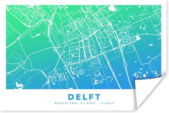 Poster Stadskaart - Delft - Groen - Blauw - 60x40 cm - Plattegrond | bol