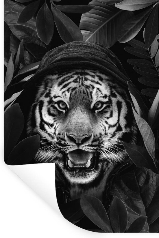 Muurstickers - Sticker Folie - Tijger met een capuchon tussen de bladeren - zwart wit... | bol