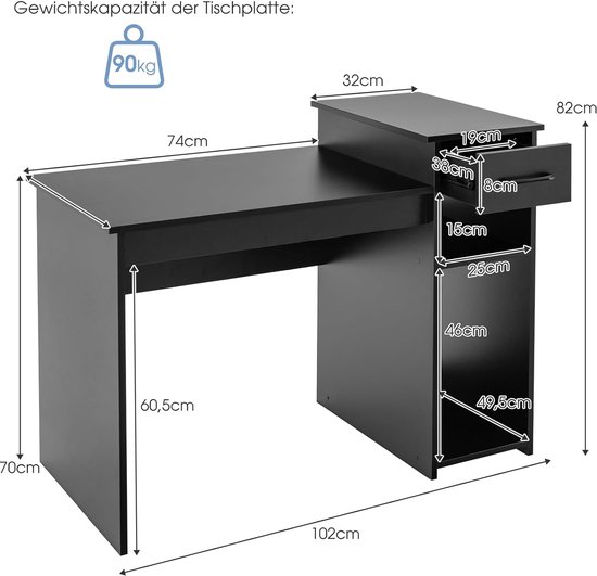 Bureau met lade en open planken, computertafel van hout, werktafel ...