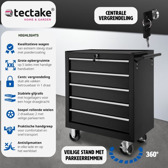 tectake® Gereedschapswagen met 5 Laden - Werkplaatswagen - Mobiele ...