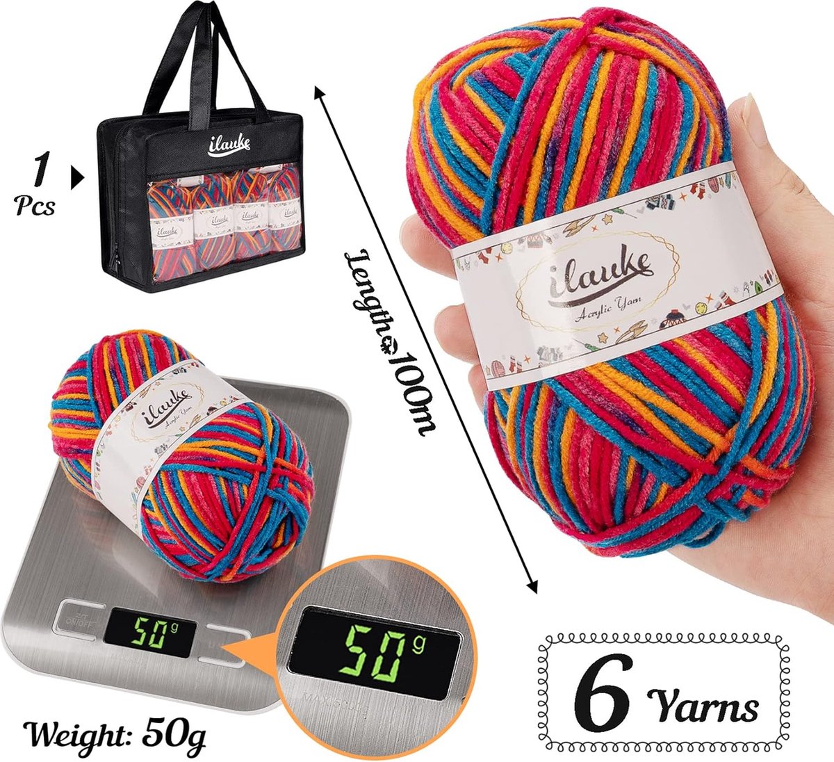 Breiwol garen voor haken (6 x 50 g) diverse kleuren grof wol voor ...