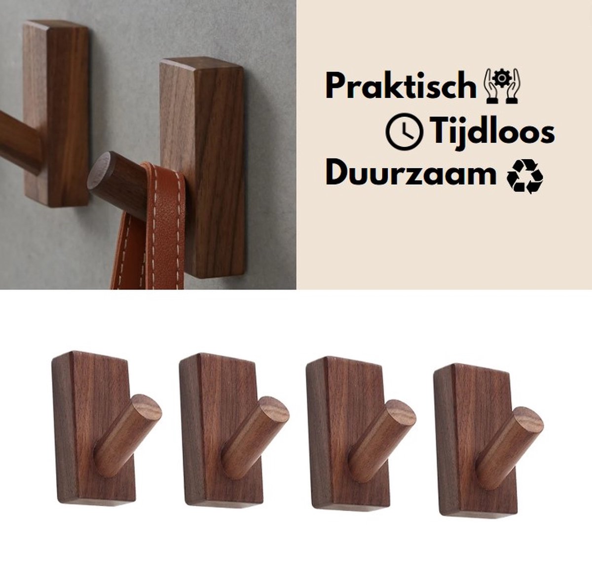 Kapstok haken hout - Walnoot - Wandhaken - Wandkapstok - Zelfklevende ...