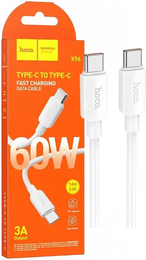 Hoco X96 60W Fast Charge PD USB-C naar USB-C Snellaad Kabel 1M Wit | bol