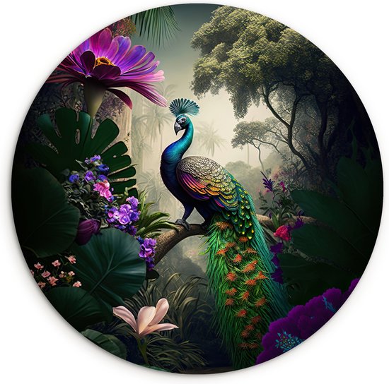 WallCircle - Wandcirkel ⌀ 60 - Pauw - Bloemen - Jungle - Regenboog - Veren - Ronde... | bol