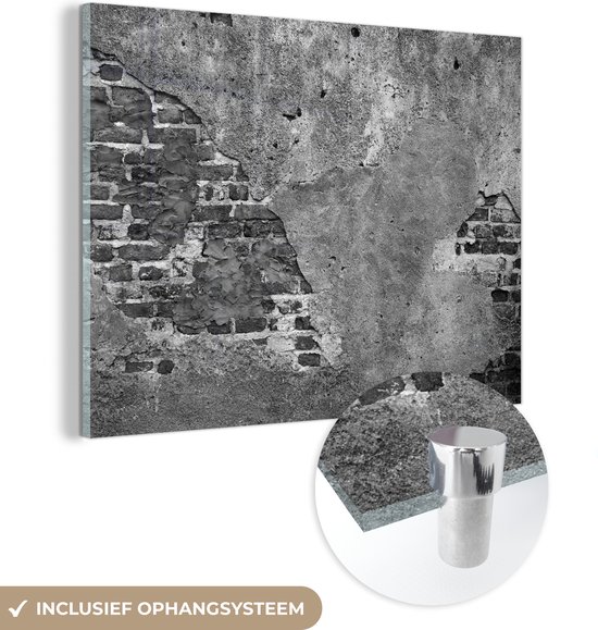 Glasschilderij zwart wit - Muur - Baksteen - Cement - Beton - Zwart ...