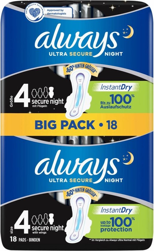 Always Maandverband Ultra Secure Night 18 Stuks - Voordeelverpakking 3 ...
