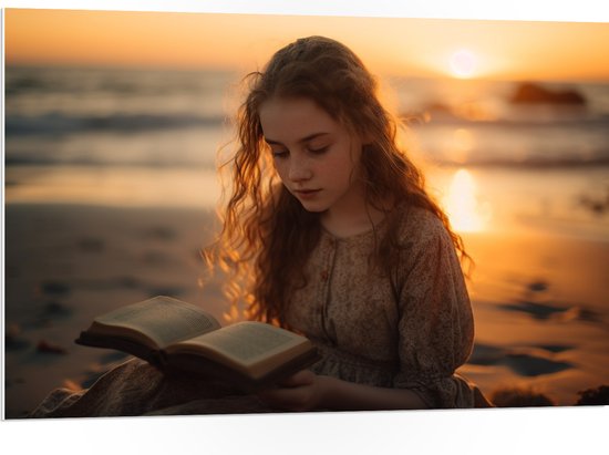 PVC Schuimplaat - Meisje - Zee - Strand - Lezen - Boek - Zonsondergang ...