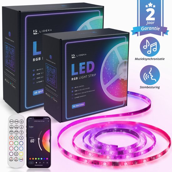 Lideka® - LED Strip 30 Meter - Pakket Van 20 + 10 - RGB - Incl. Afstandsbediening -... | bol