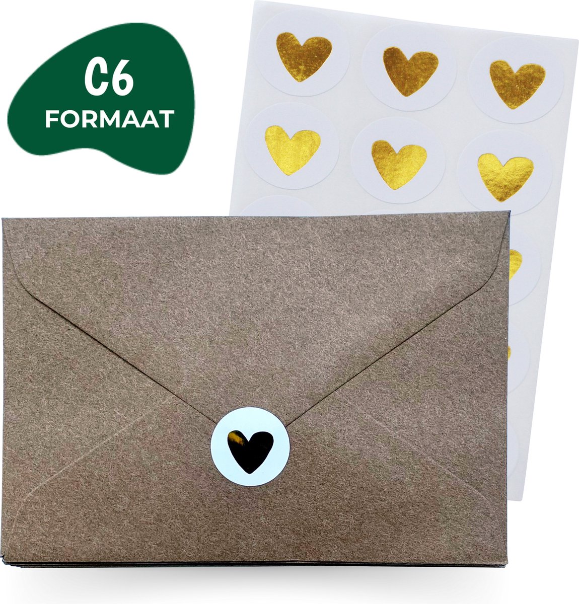 Enveloppen C6 - Kraft - 12 Stuks - 15 Sluitstickers - Gouden Hartjes | bol