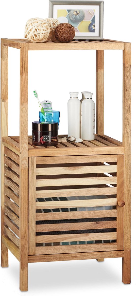 relaxdays Badkamerrek walnotenhout - houten rek - badkamerkast met deur ...