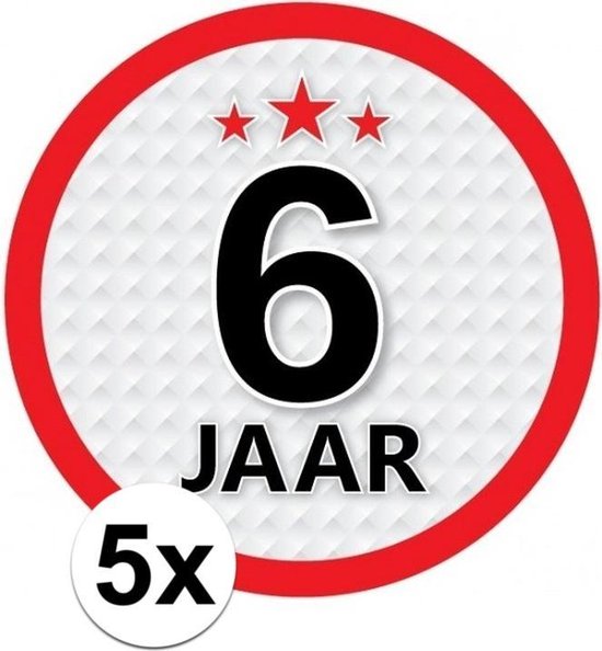 5x 6 Jaar leeftijd stickers rond 15 cm - 6 jaar verjaardag/jubileum ...