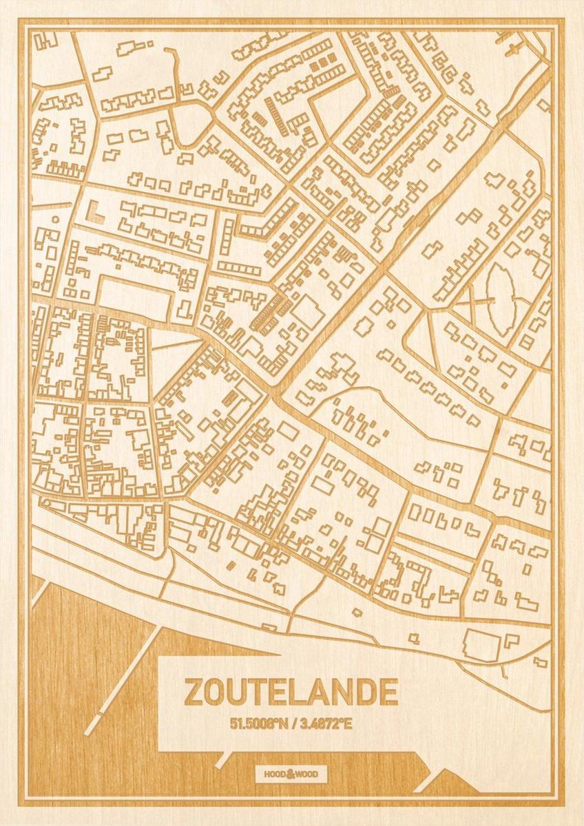 Kaart Zoutelande - Gegraveerde stadskaart Hood&Wood - Hout, A4 | bol.com