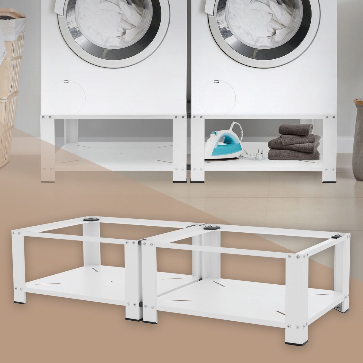 Set van 2 Wasmachine Onderbouw met Uittrekbare Planken Wit Staal ML ...