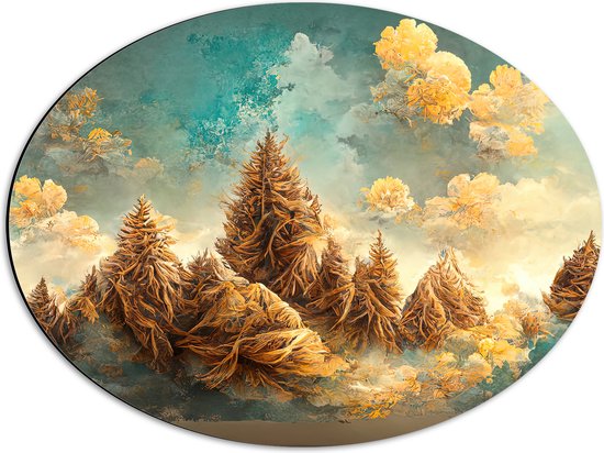 Dibond Ovaal - Waterverf Tekening van Berglandschap - 56x42 cm Foto op ...