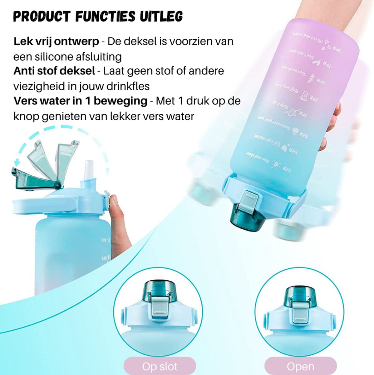 Drinkfles - Waterfles met rietje - Waterfles 2 liter - Waterfles ...