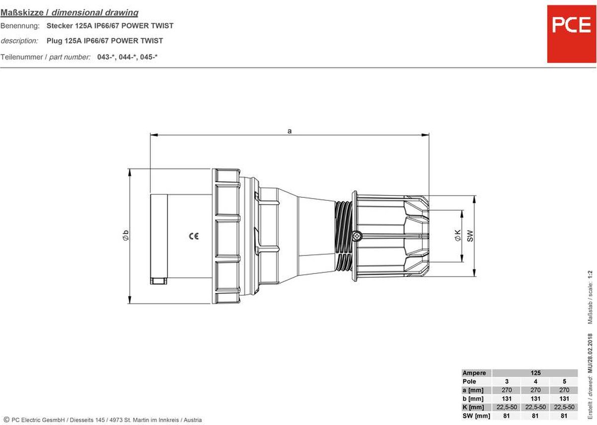 PCE Power Twist 045-6 CEE-stekker 125 A 5-polig 400 V 1 stuk(s) | bol