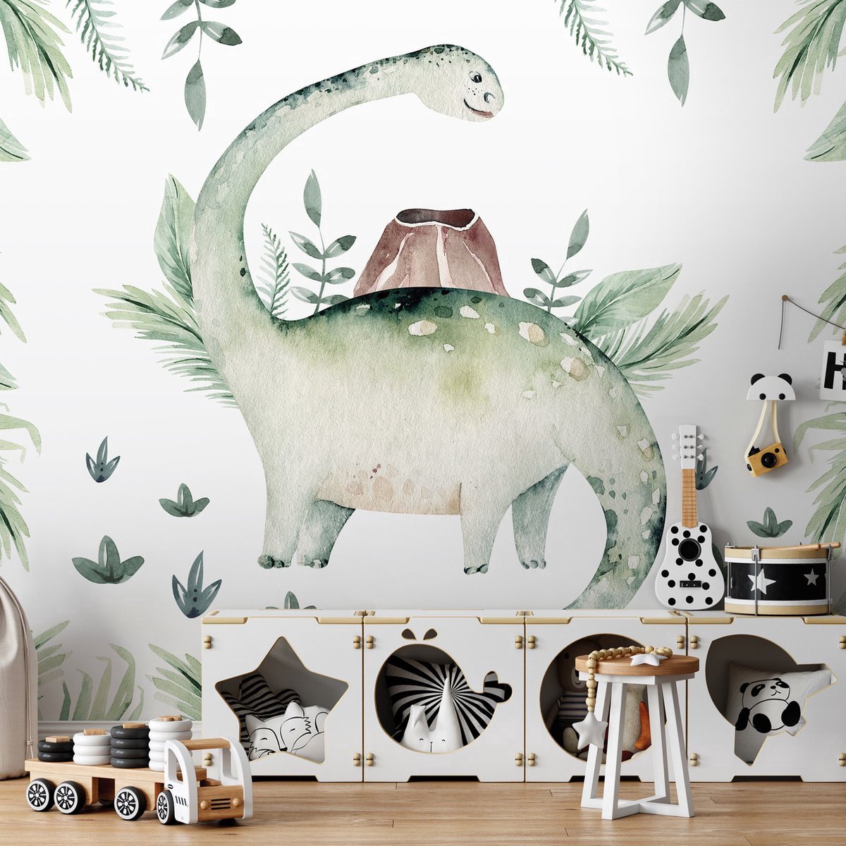 Fotobehang - Vlies Behang - Dinosaurus en Groene Bladeren ...