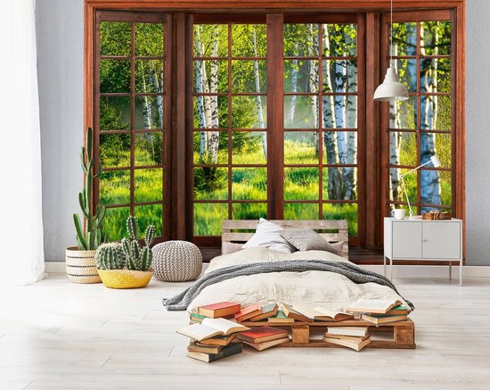 Fotobehang - Vlies Behang - Berkenbos 3D Raamzicht - Berkenbomen - Bos ...