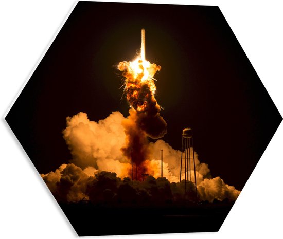 PVC Schuimplaat Hexagon - Opstijgende Raket met Rook en Vuur - 50x43.5 ...