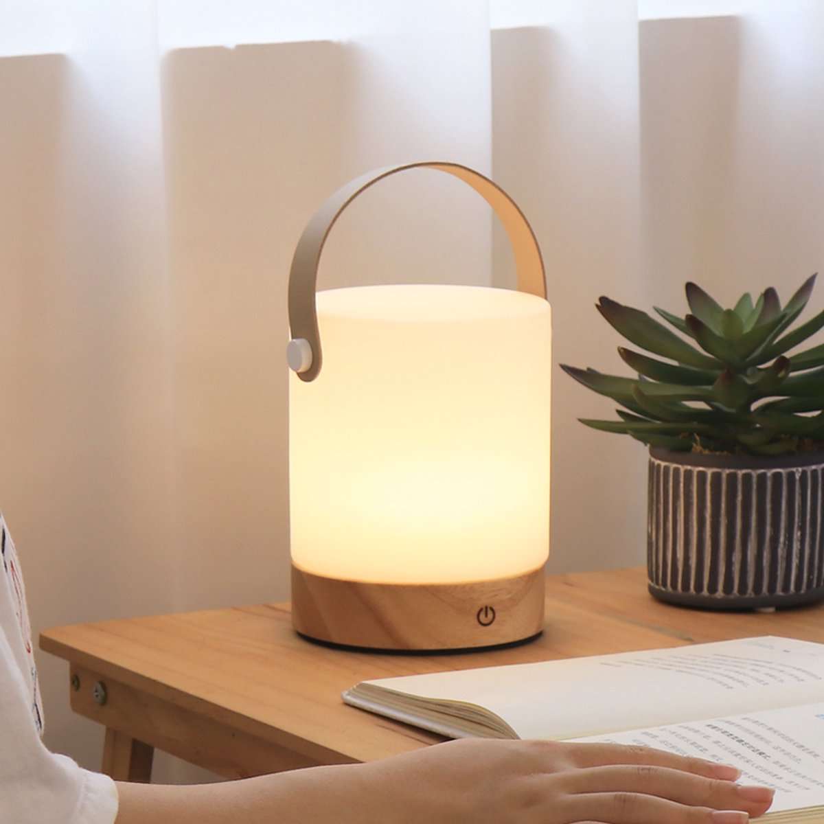 TAVELL – Tafellamp Avery – Hout – Dimbaar, Draadloos & USB – Touch ...