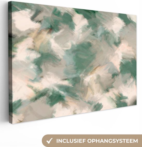 Canvas Schilderij Kunst - Verf - Groen - Beige - Abstract - 150x100 cm - Wanddecoratie | bol