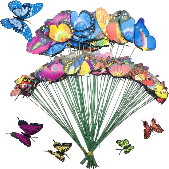 100 stks tuin vlinders Decoratie, 5 Grootte vlinders op stokken, tuin ...