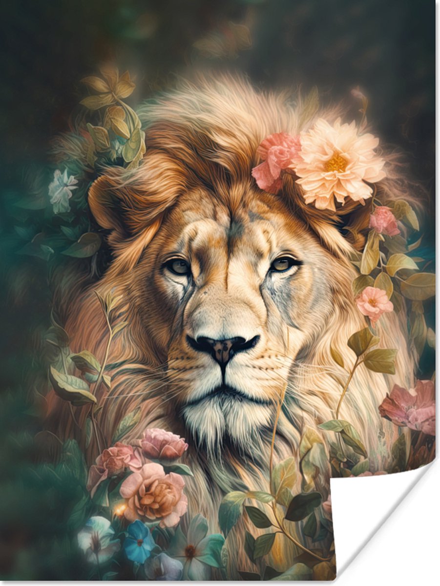 Poster Leeuw - Leeuwenkop - Wilde dieren - Bloemen - 120x160 cm XXL ...