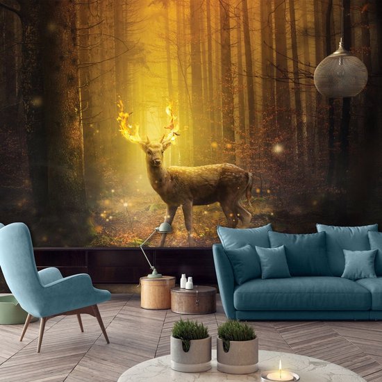 Fotobehang - Vlies Behang - Hert met Brandend Gewei in het Bos - Kunst ...