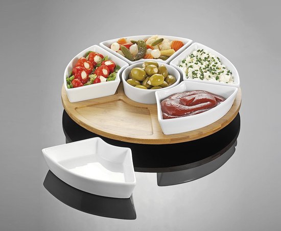 Roterend dienblad met 6 witte porseleinen lijnen in een bamboe dienblad ...