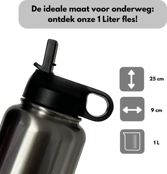 Waterfles Zilver - 1 Liter - Drinkfles - Waterfles met rietje ...