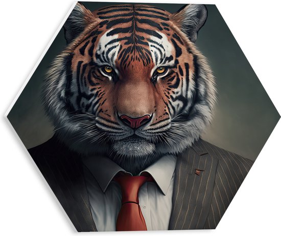 PVC Schuimplaat Hexagon - Tijger in Gestreept Zakelijk Pak met Rode ...