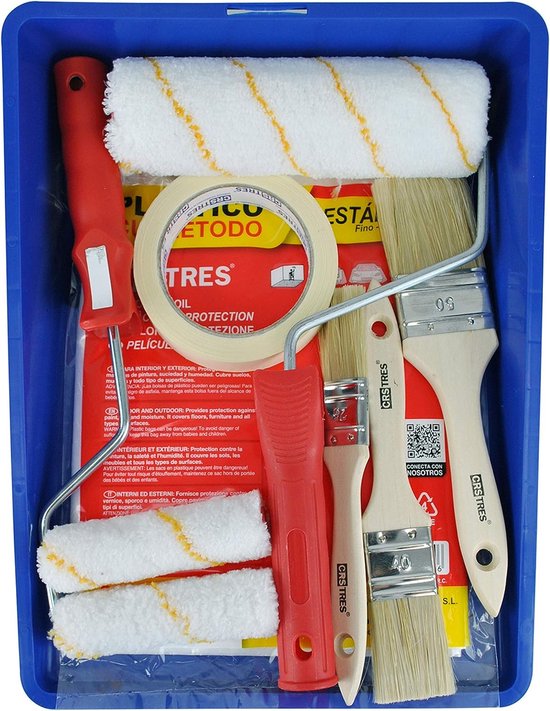 SET anti-druip verfroller + SET platte kwast + 20m2 afplakfolie + grote ...