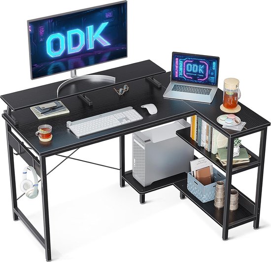 Hoekbureau zwart, L-vormig bureau met rek, omkeerbaar, gamingtafel, L ...