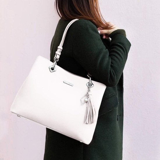 Grote Dames Handtas Hengseltas van Zacht PU Leer - Wit - Shopper Tote Bag met Lange... | bol