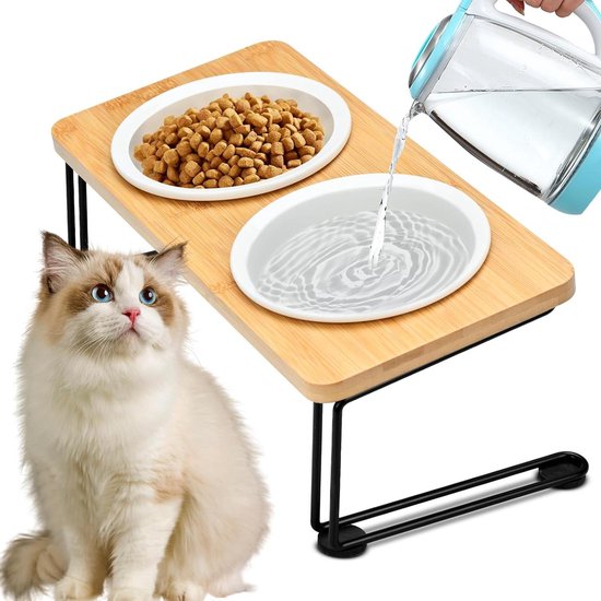 Raised Cat Bowls - Ceramic 15 Degree Tilting Cat Bowl with Bamboo Board ...