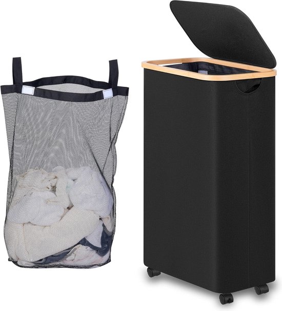 75 liter slanke wasmand met deksel en wielen - bamboe handvat ...