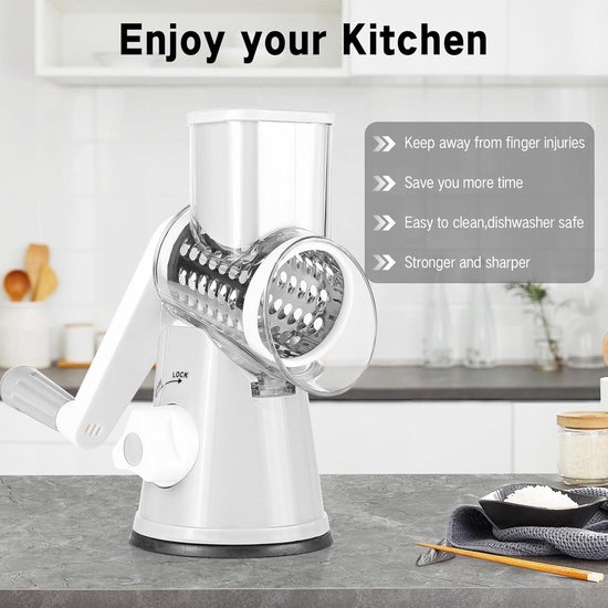 Rasp - Groentesnijder met zwengel en 3 roestvrij stalen trommelmessen ...