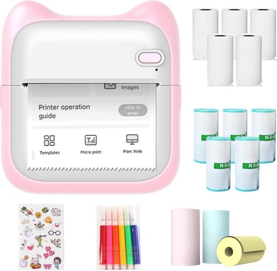 Mobiele stickerprinter met printpapier, stickers en kleurpotloden ...